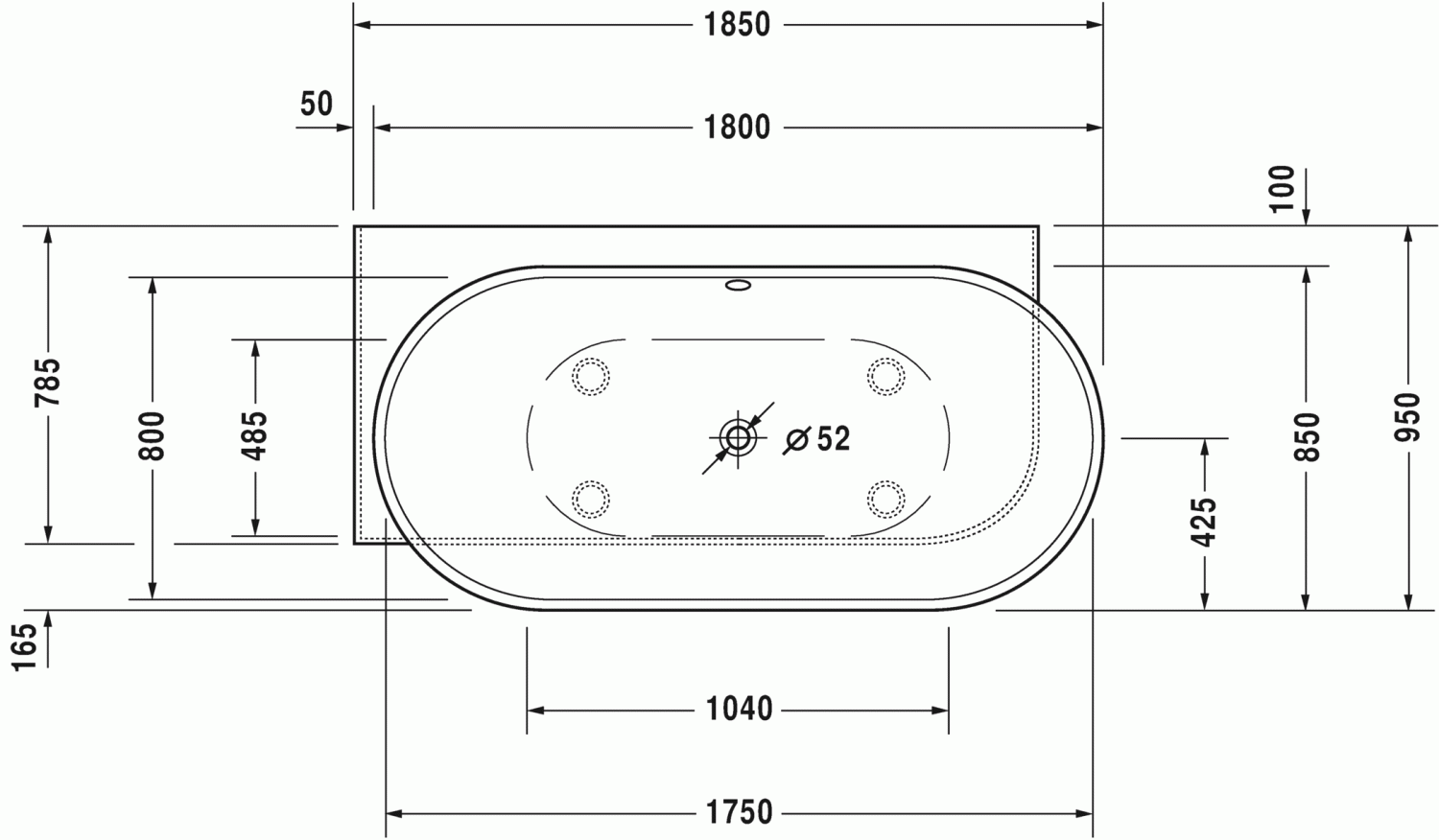 Ванна из материала DuraSolid Luv 185х95 см, левая, с бесшовной панелью ...